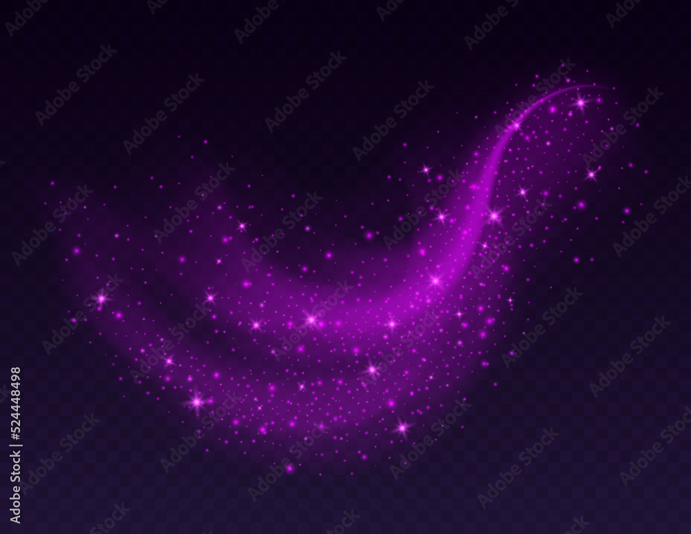 Magic cloud with sparkles, purple fairy stardust with sparks. Shiny fog ...