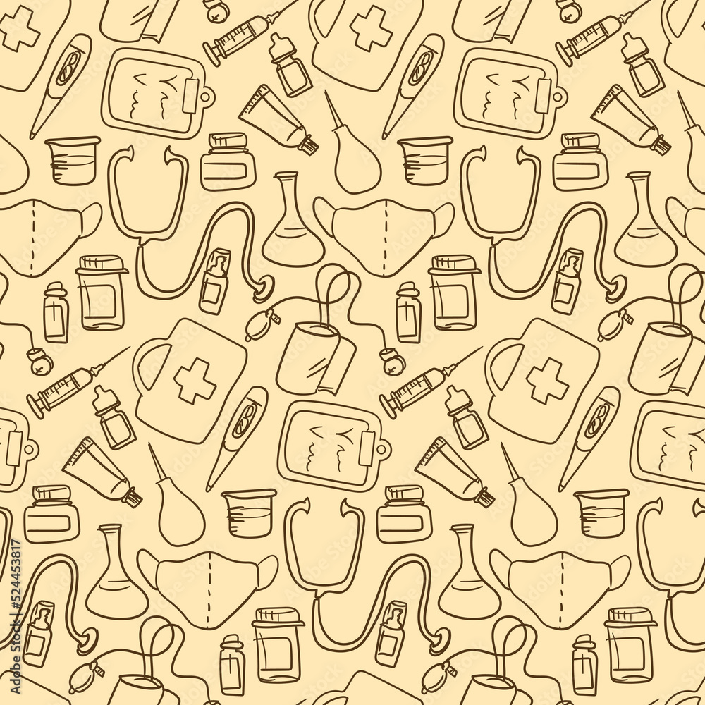 A pattern with medical equipment in the style of hand-sketching ...