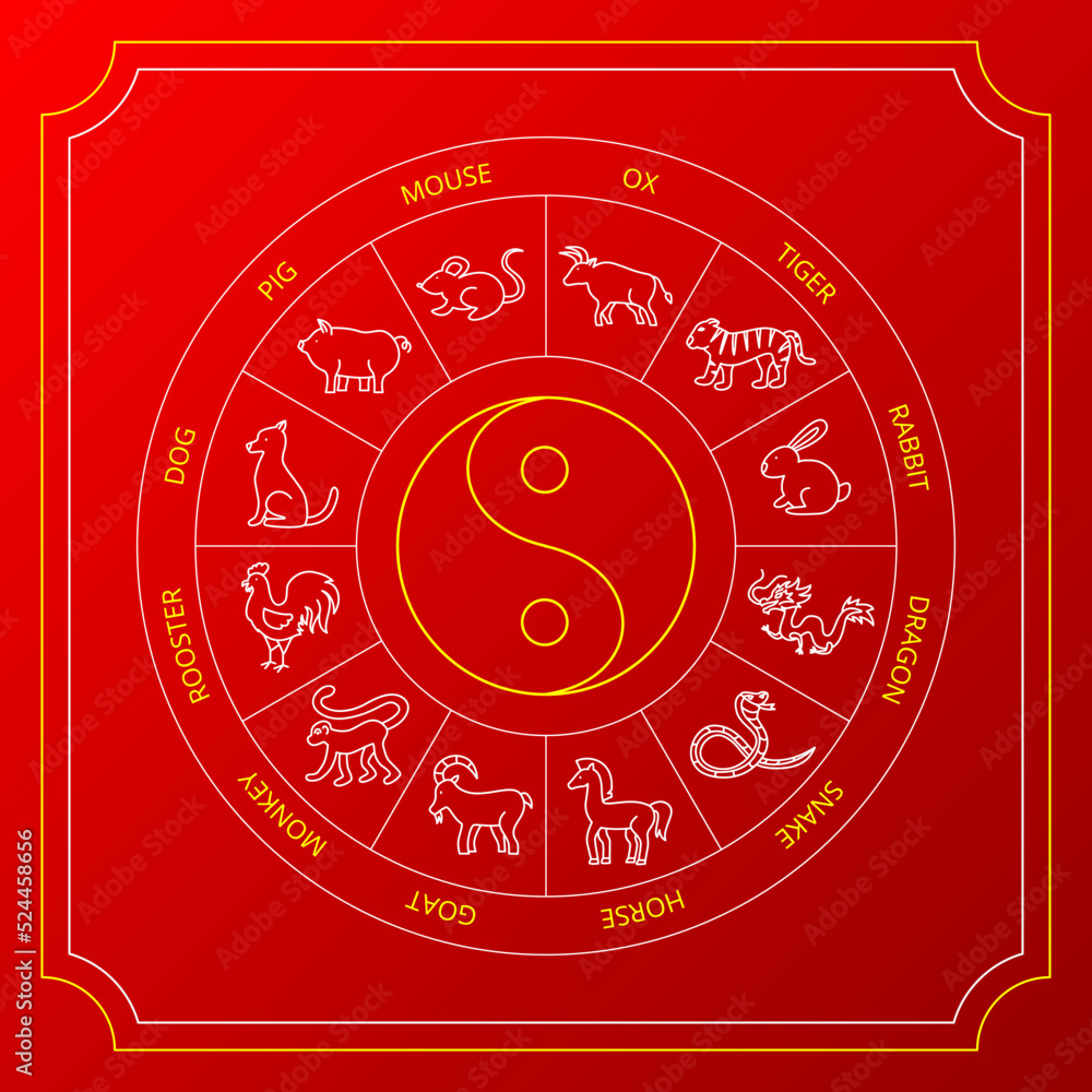 Chinese Zodiac Red Circle. Vector Thin Outline China Culture Symbols ...