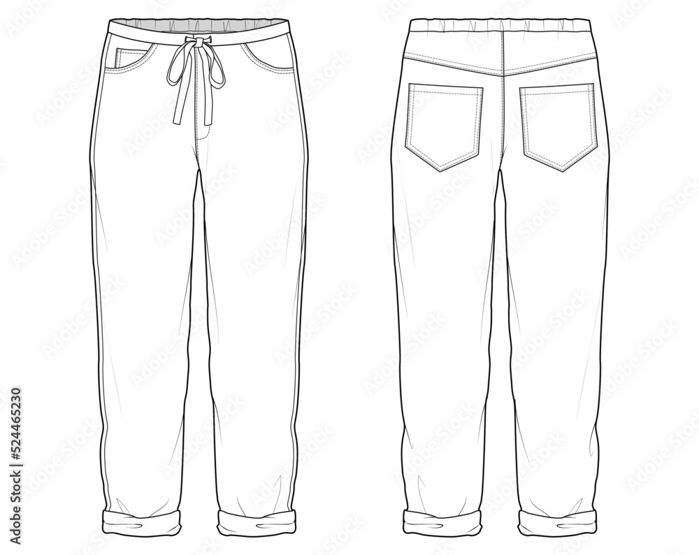 mens rolled hem drawstring waist pant fashion flat sketch vector ...