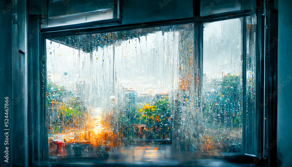 3D Render digital art painting of Rainy Window. Window view with ...