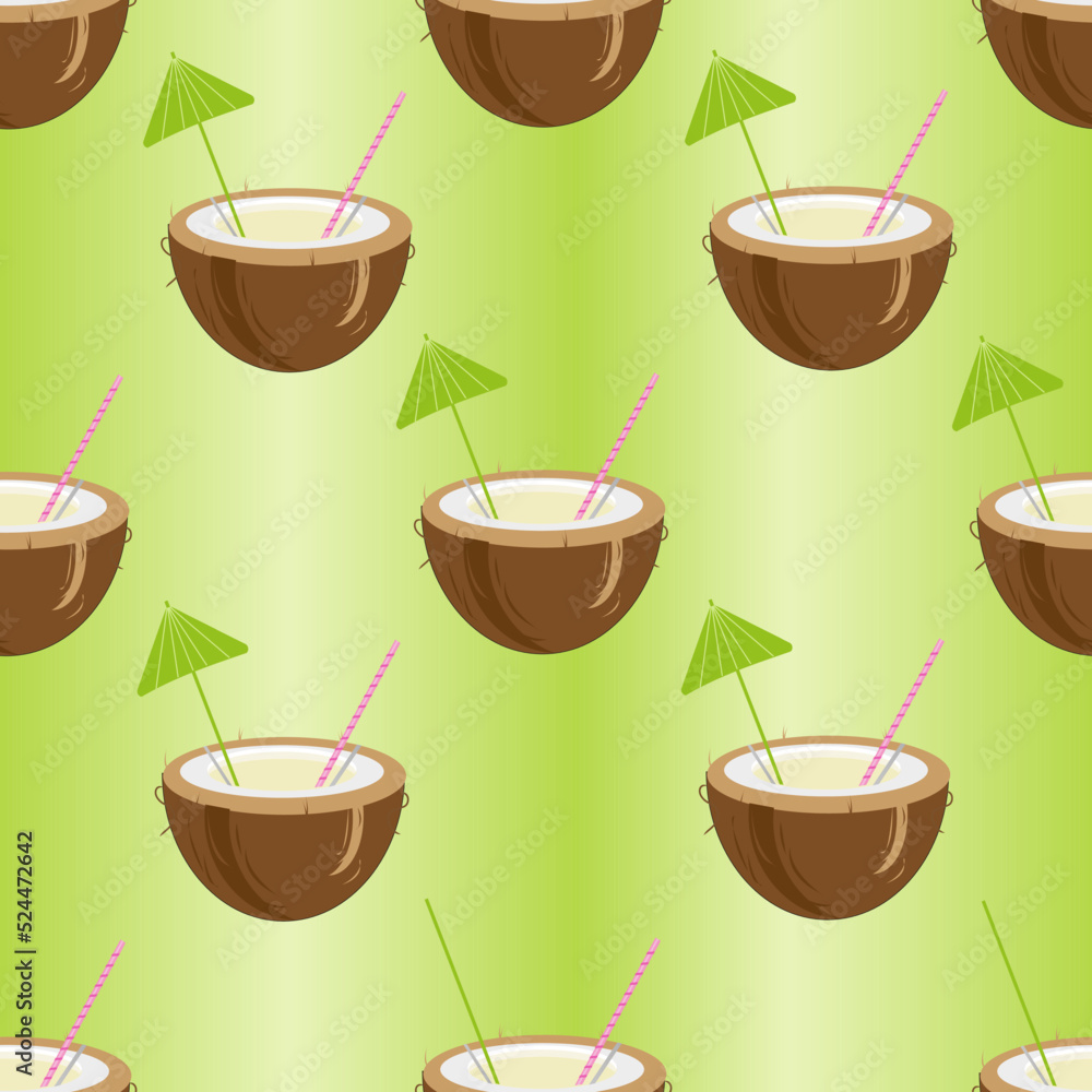 Seamless pattern with a drink in a coconut shell with a pink straw and ...