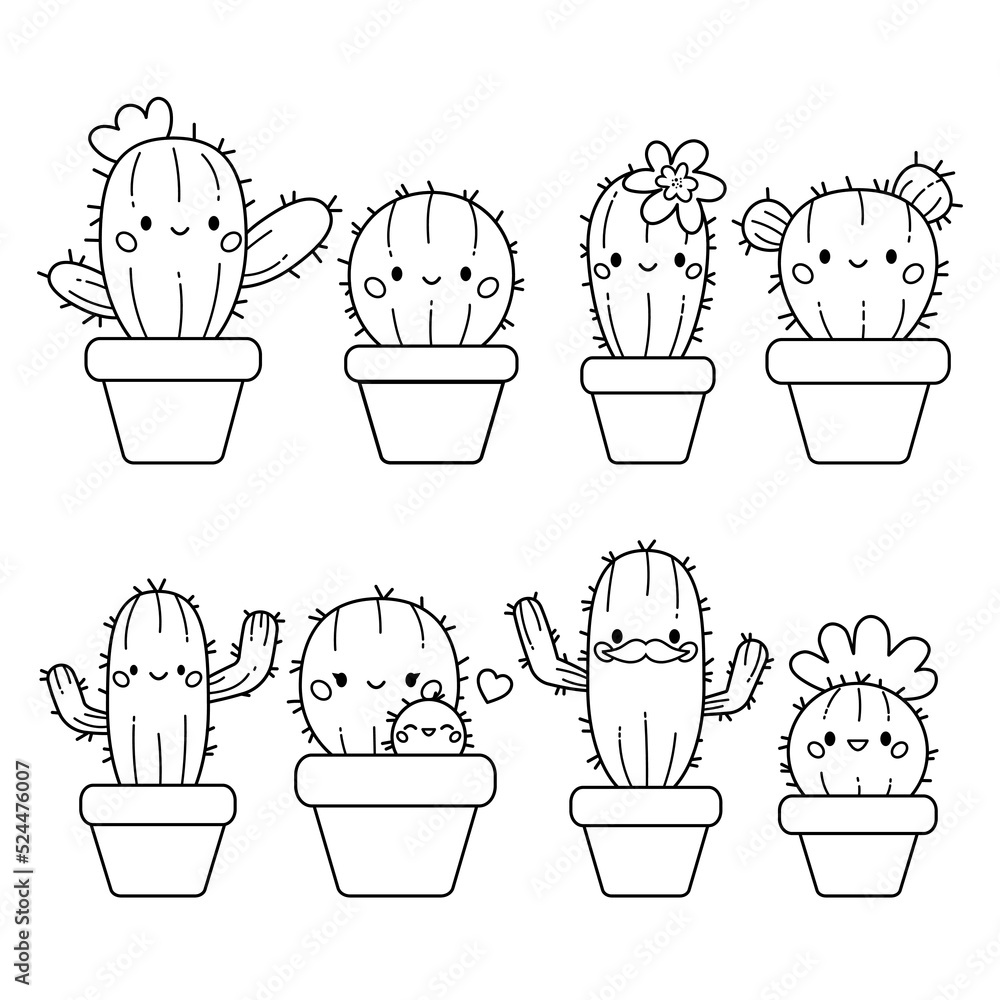 Cute kawaii set of cactus in flowerpots. Coloring page. Hand drawn ...