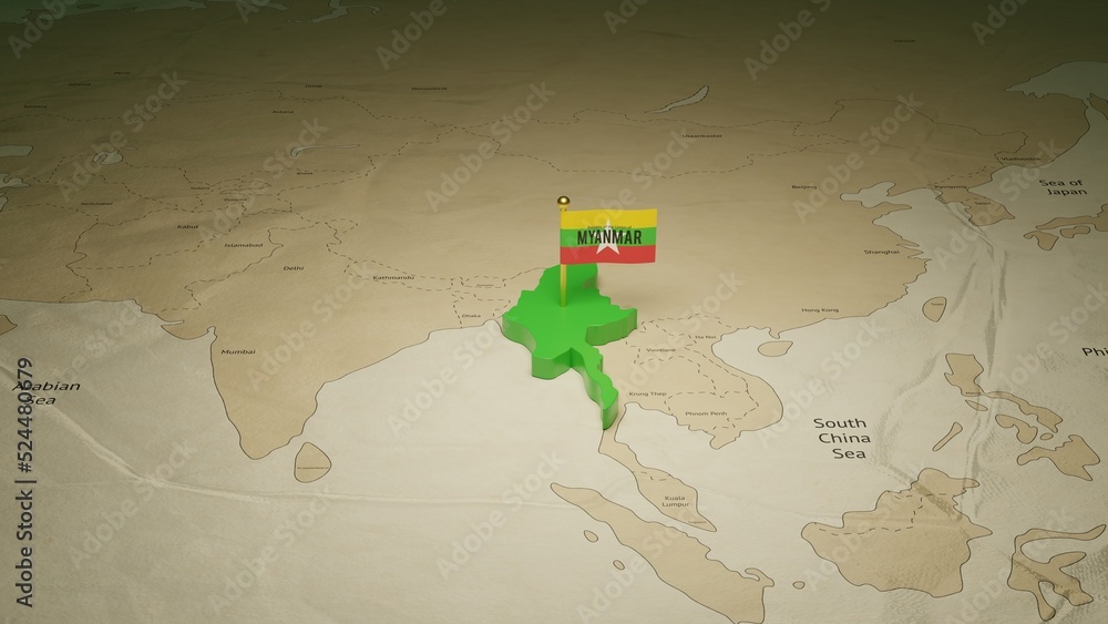 3d rendering independence day of Myanmar national flag flying on ...