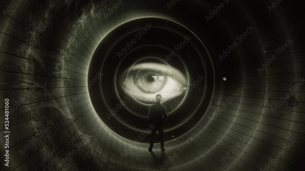 Hypnotic Eye Stares Man Inside Tunnel Zoom In, Vintage Style. Man being ...