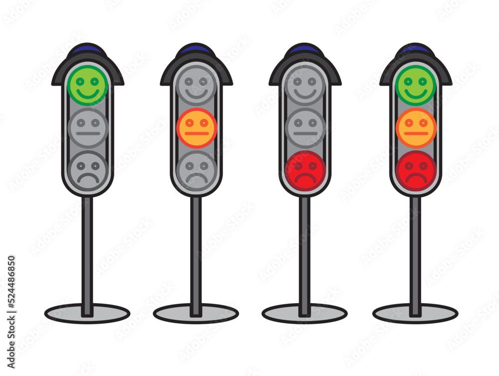 set of cartoon traffic light mascots with smiling, neutral and sad ...
