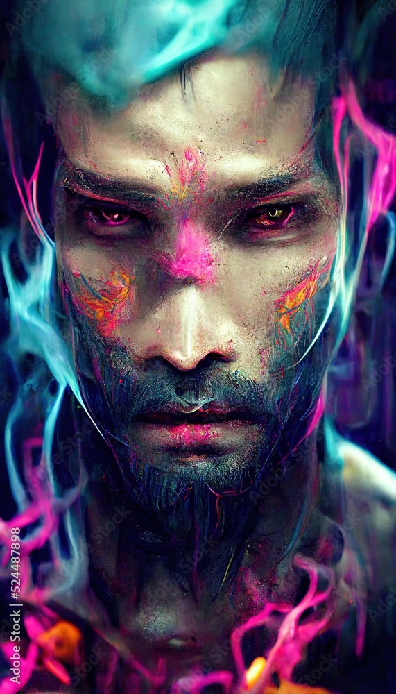 Portrait of a men in a futuristic cyberpunk style in neon clothes. A ...
