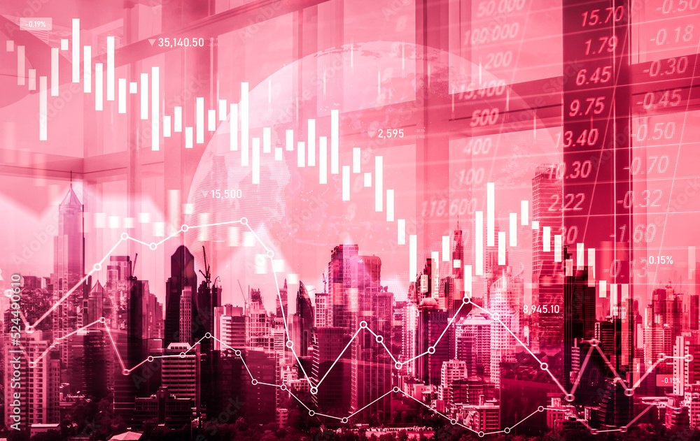 Stock market crash, declined economic, graph falling down and digital ...