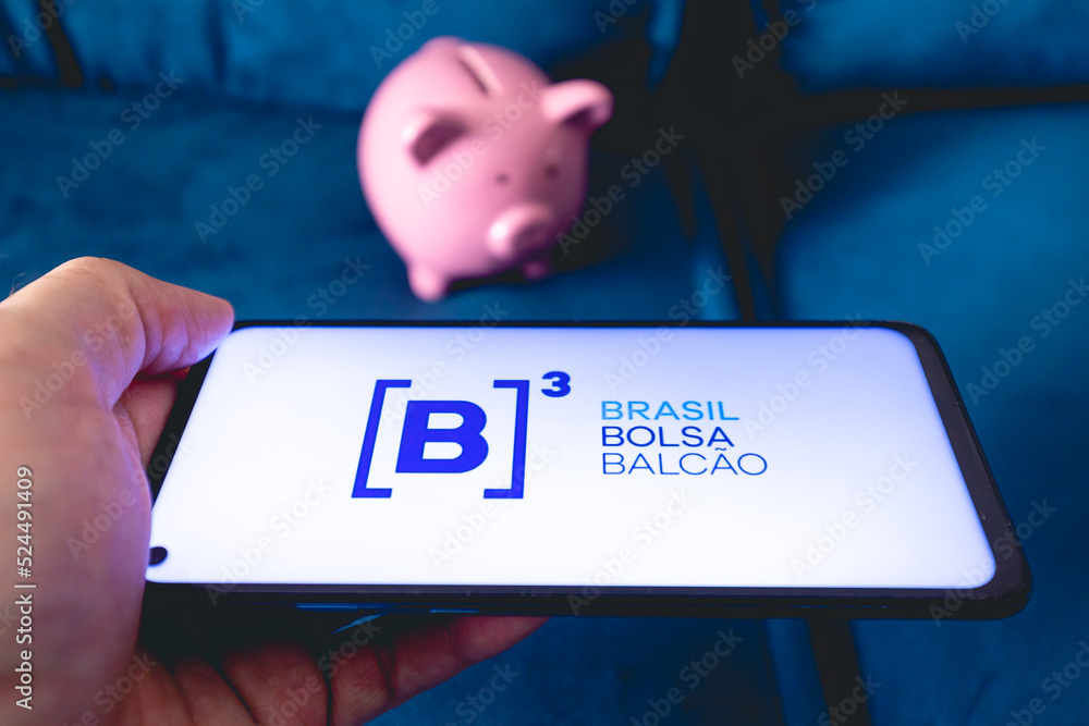 B3 - Bolsa de Valores brasileira. Um homem segurando um celular na mão ...