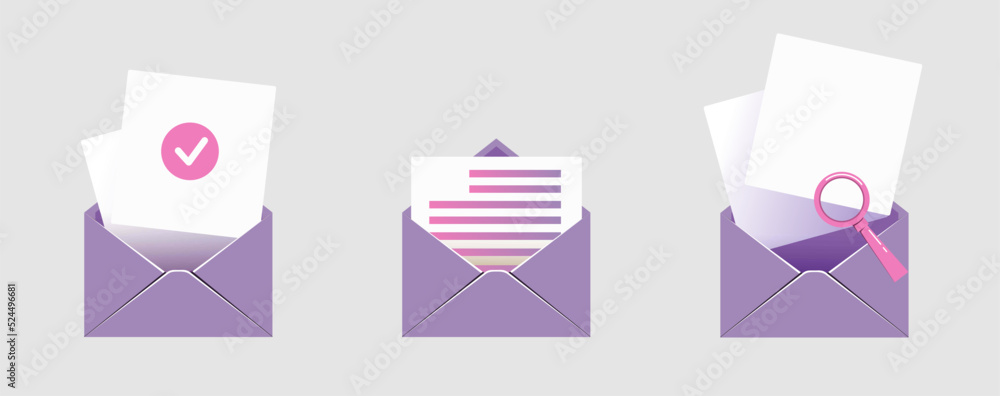open mail envelope icon set with marker new message isolated on grey ...