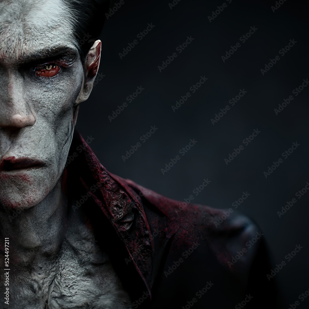 A 3D Illustration of a Dark Vampire with grey skin wearing a black ...