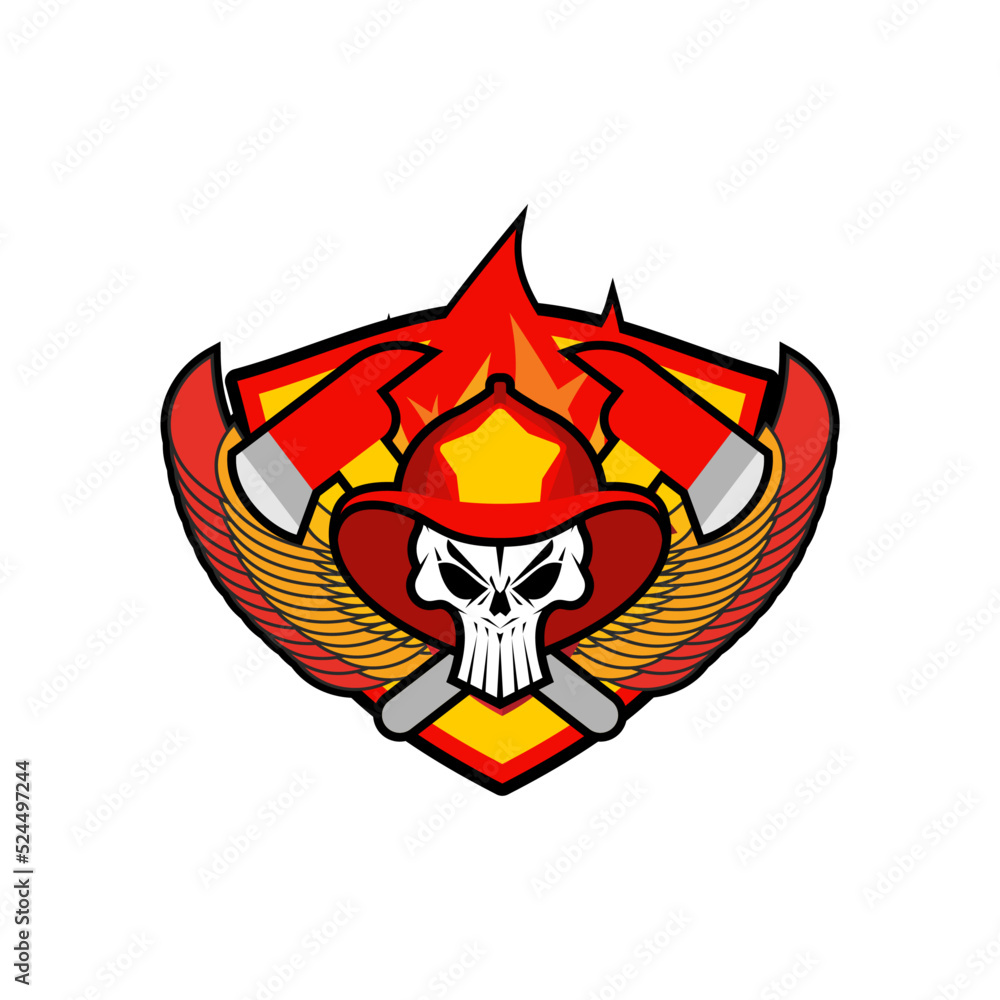 Firefighter Skull in helmet sign. Fire ax and flame. Fire department ...