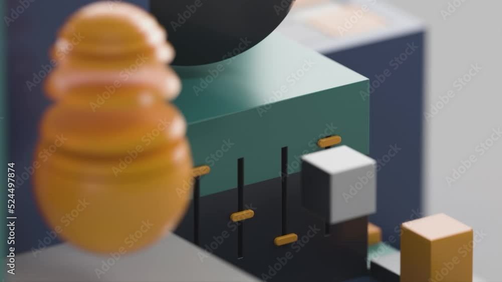 Close-up of 3d cubes,ball.Abstract micro data flow with pie chart, cubes.3d animation of data ...