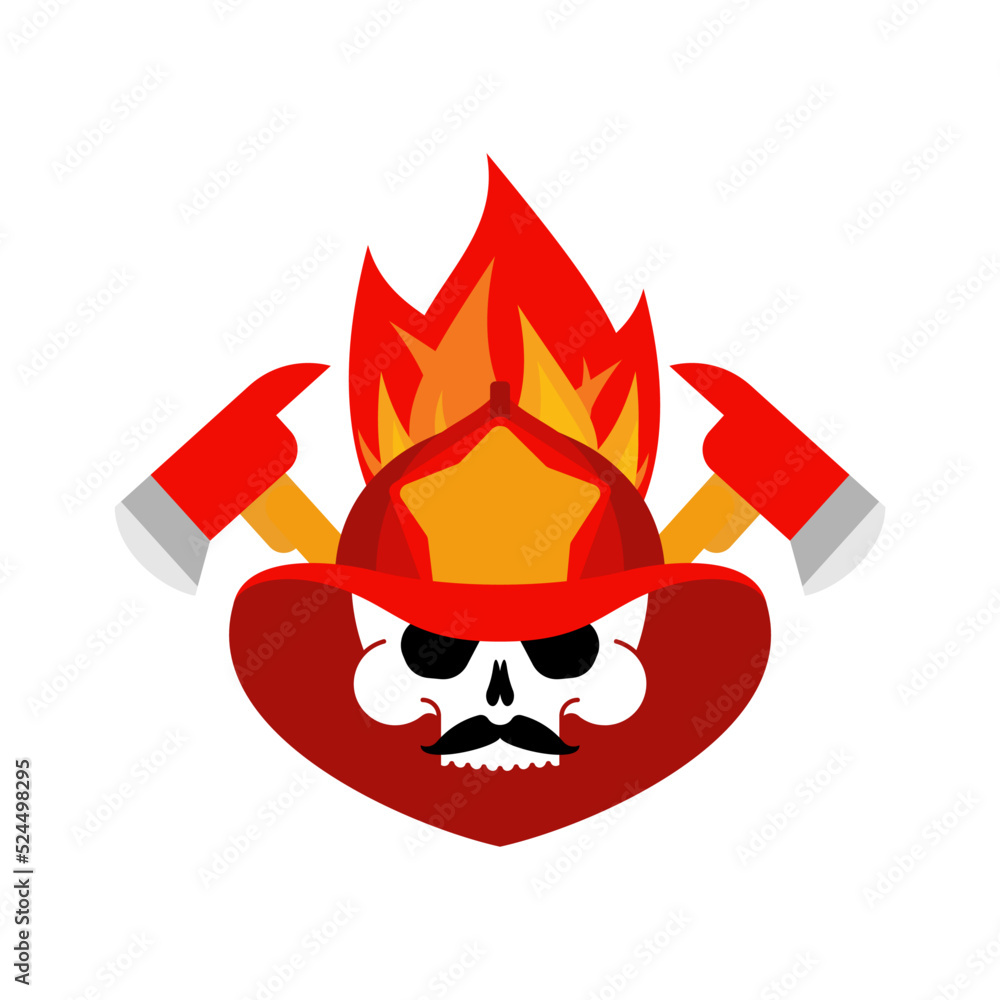 Firefighter Skull in helmet sign. Fire ax and flame. Fire department ...
