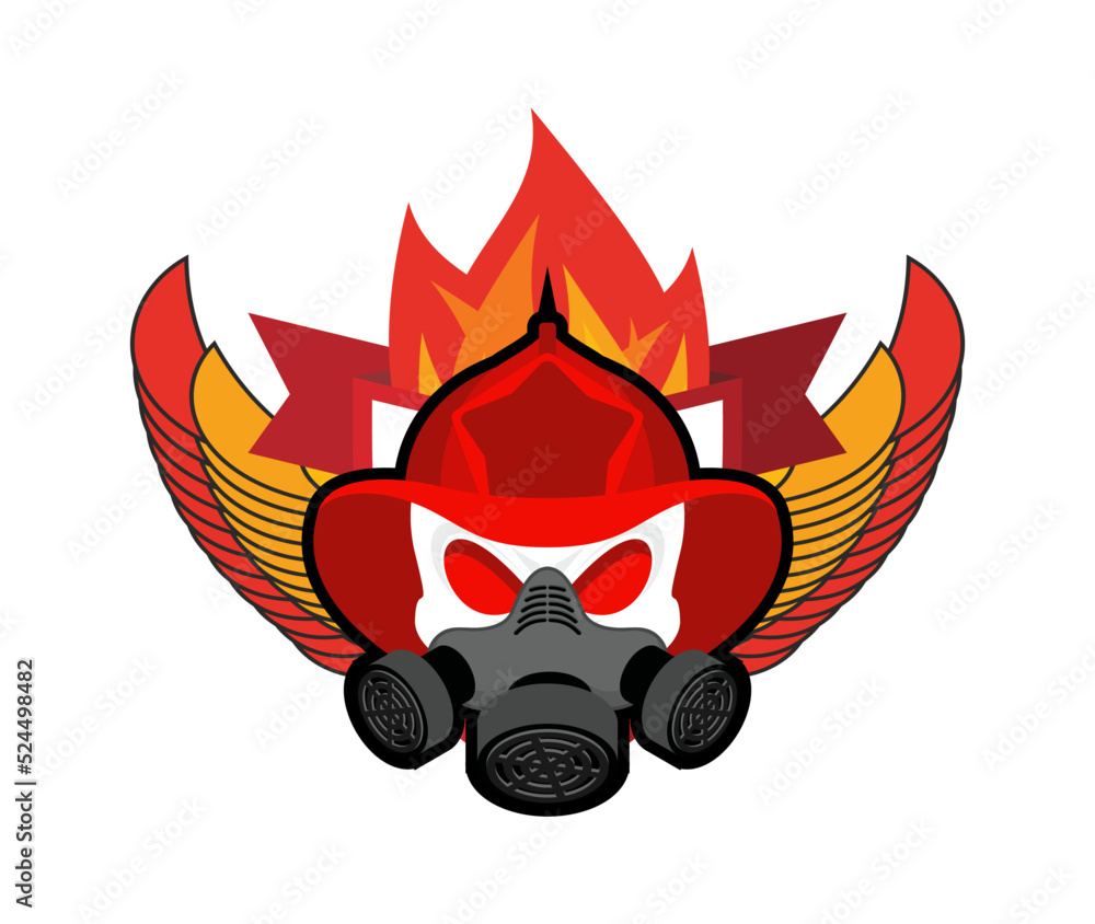 Firefighter Skull in helmet sign. Fire ax and flame. Fire department ...