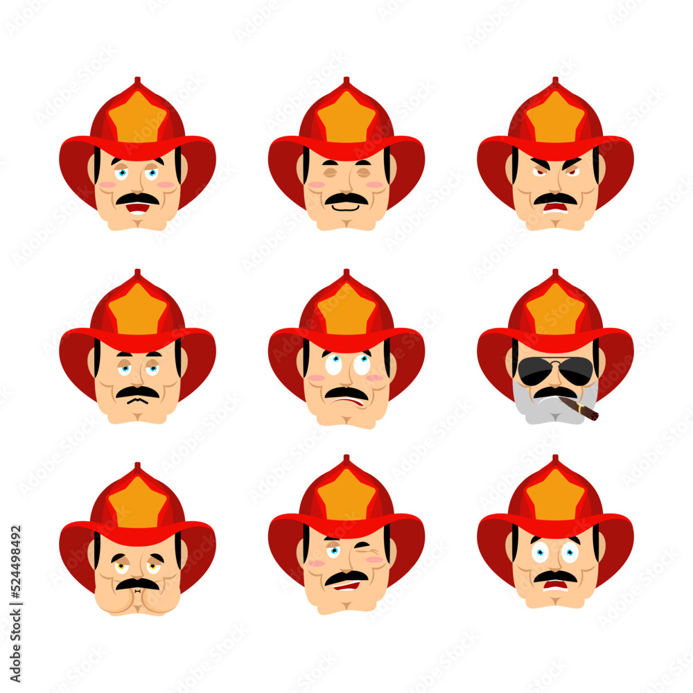 Firefighter set emoji avatar. sad and angry face. guilty and sleeping ...