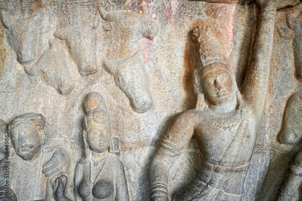 Plakat Human rock relief sculptures carved in the rock cut ancient cave temple in Mahabalipuram ...