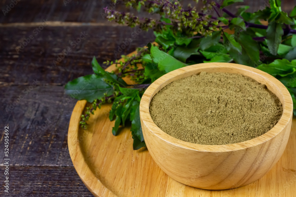 Holy basil powder on wooden bowl with branch on rustic wooden ...