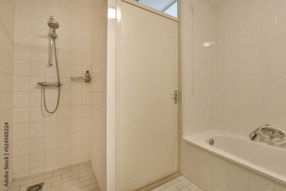 Modern home interior design of white bathroom with open bathtub and ...