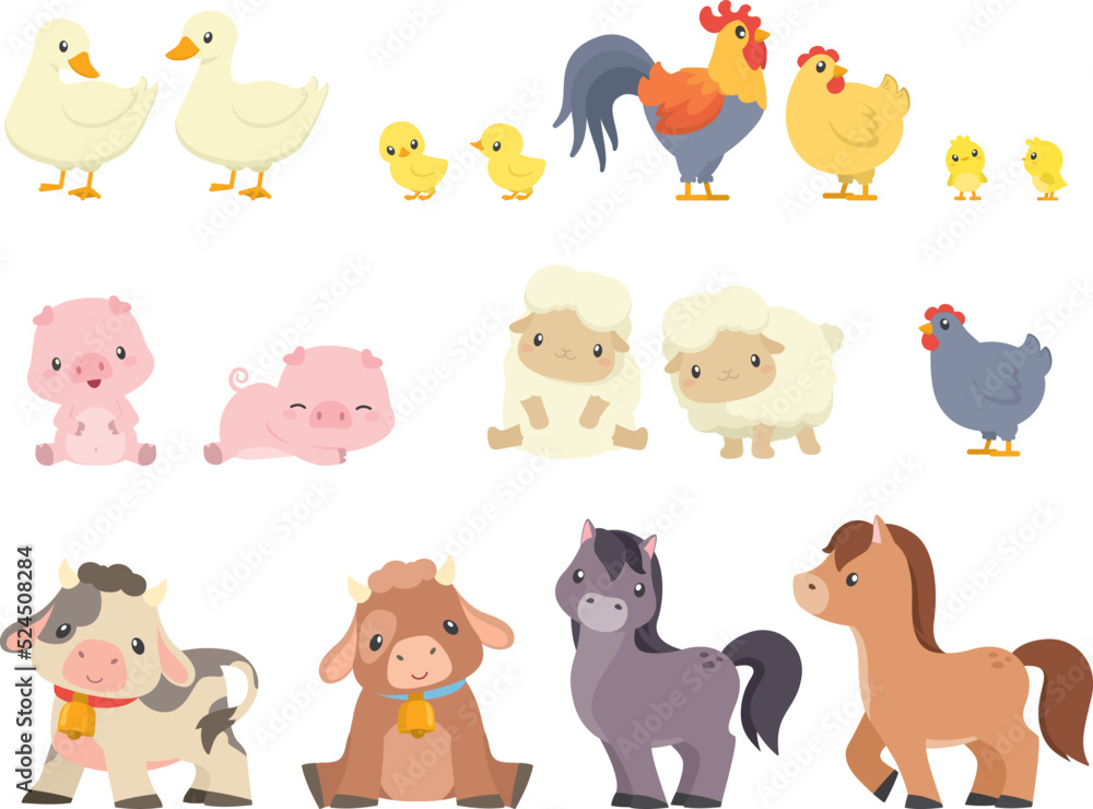 Set of cute kawaii-style farm animals in different poses: horse, cow ...
