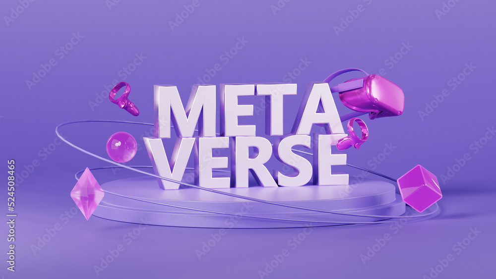 Metaverse 3D text on a podium with floating meta verse related elements ...