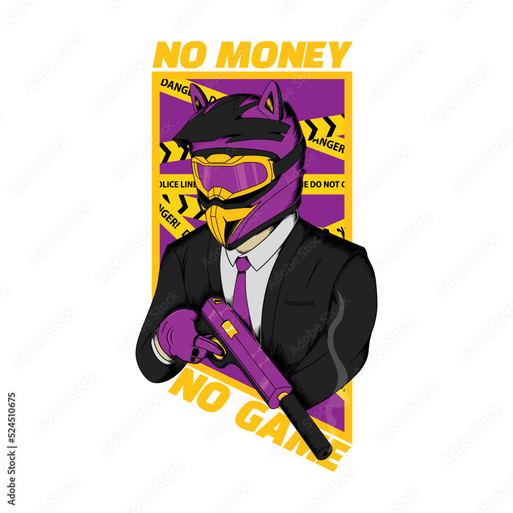 Vector Mafia with Cat Ear in Cross Helmet and Gun with Silencer Illustration ,Designs for T ...