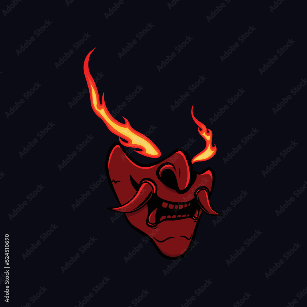 Oni Traditional Japanese Demon Mask with Fire in Eyes Illustration ...