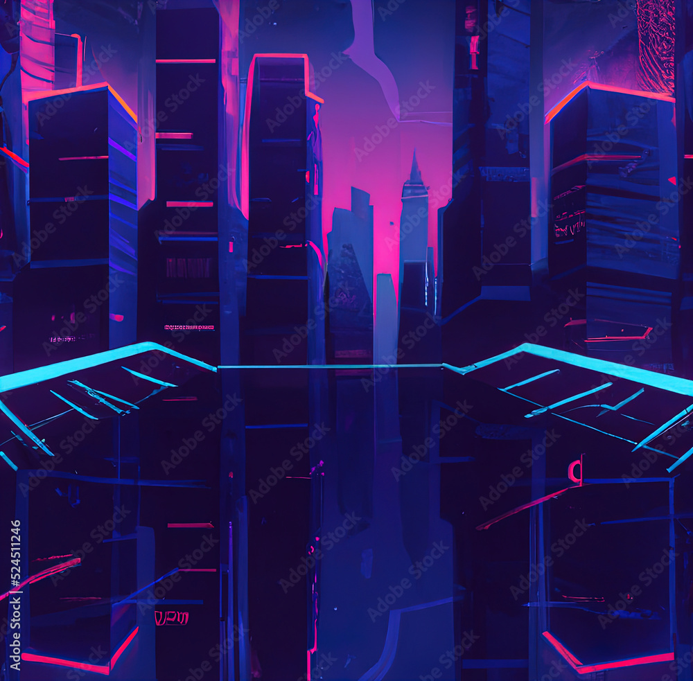 Cyberpunk futuristic city 3D illustration. Neon light and skyscrapers ...