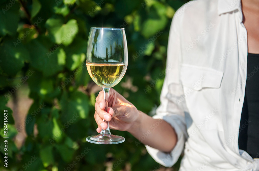 A glass of white wine in a female hand against the background of a ...
