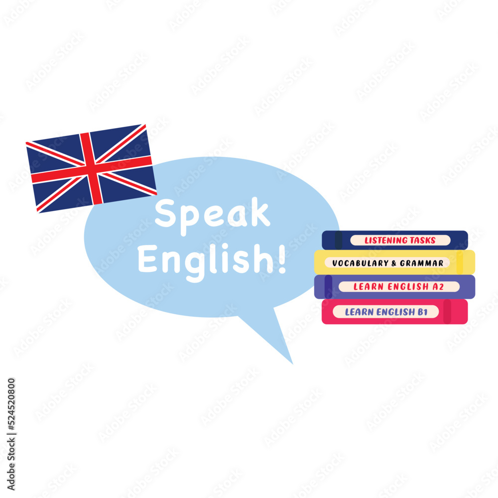 Learn and Speak English! British flag and books for studying. Education ...