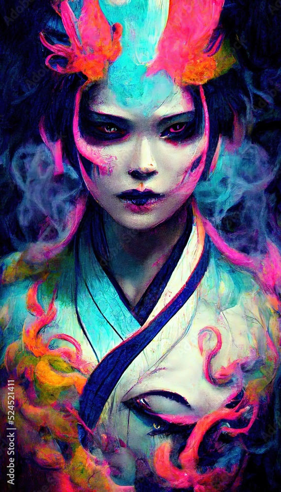 Portrait of a seductive geisha in an unusual neon style amidst clouds ...