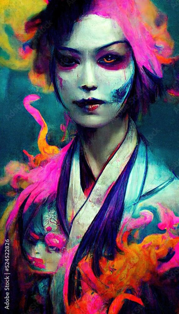 Portrait of a seductive geisha in an unusual neon style amidst clouds ...
