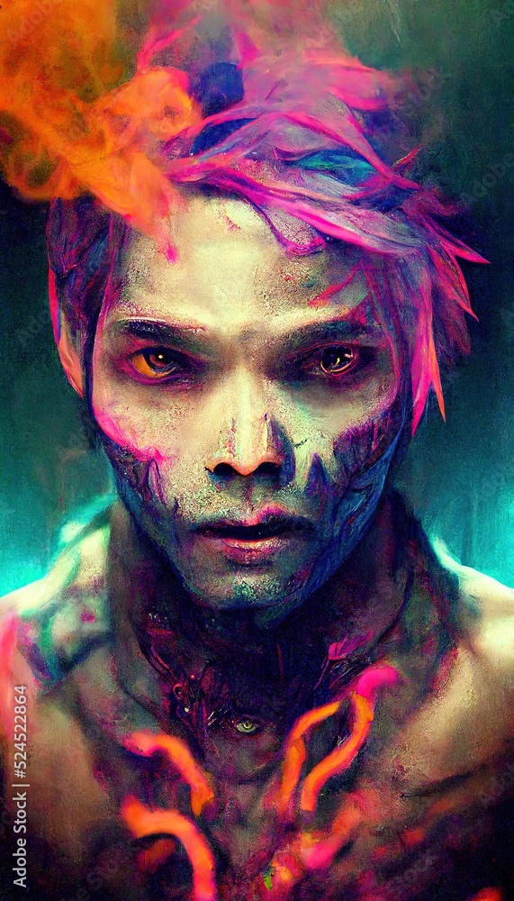 Portrait of a men in a futuristic cyberpunk style in neon clothes. A ...