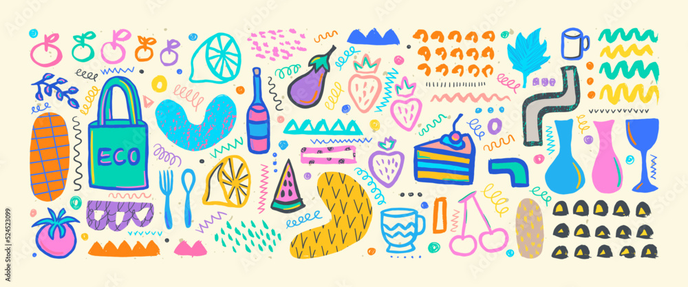 Hand drawn grunge doodles set. Big collection of abstract modern ...