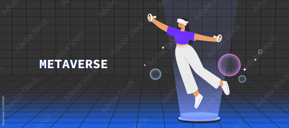 Metaverse entertainment. Flat vector illustration with woman wearing ...