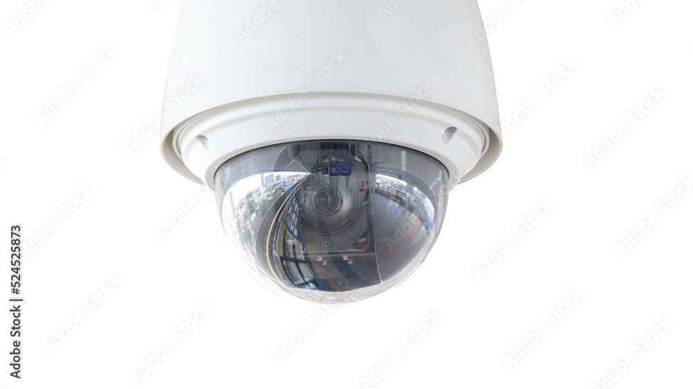 Closeup of white dome type cctv digital security camera installed on ...