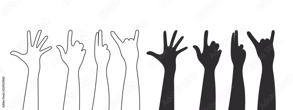 Hand gesture silhouettes. Teamwork, collaboration, voting, volunteering ...