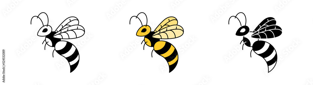Simple minimalism icon insect bee or wasp in three variations. Side ...