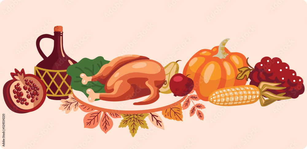 Thanksgiving day table. Vector food illustration Stock Vector | Adobe Stock