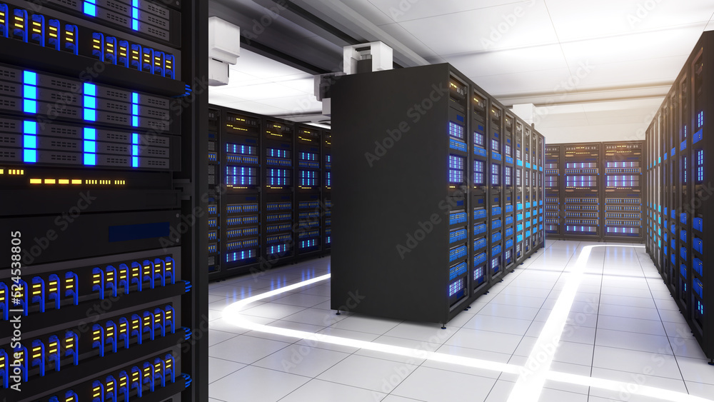 Shot of Data Center With Multiple Rows of Fully Operational Server ...