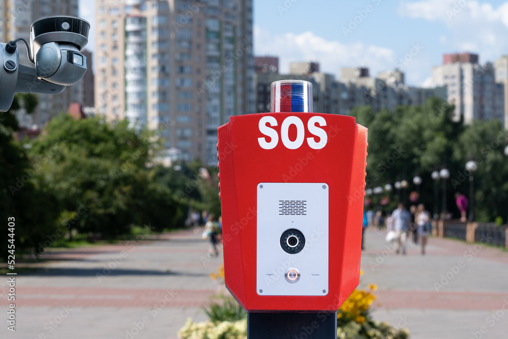 Security system in public parks. SOS, police, emergency button and ...