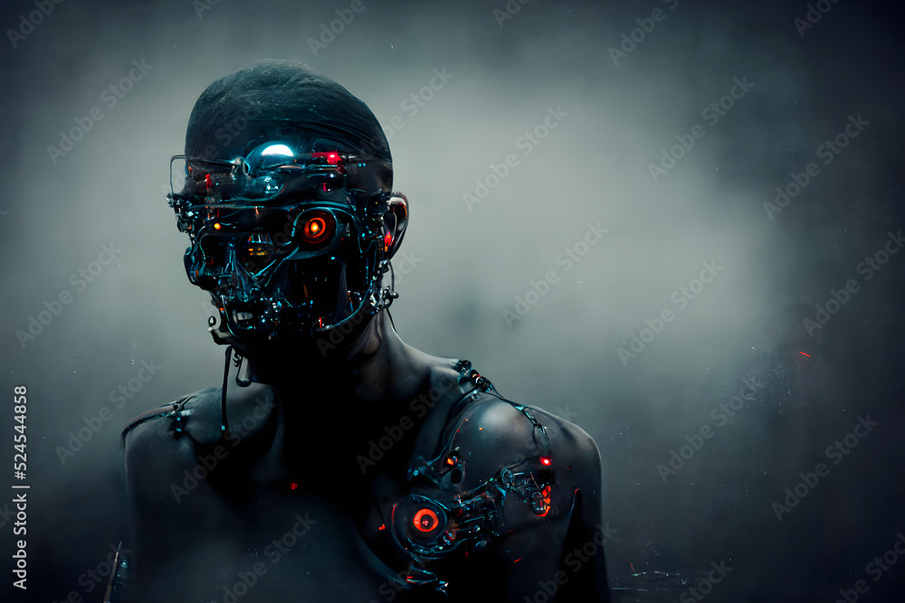Portrait of scary and ugly but stylish dystopian cyber augmented man ...
