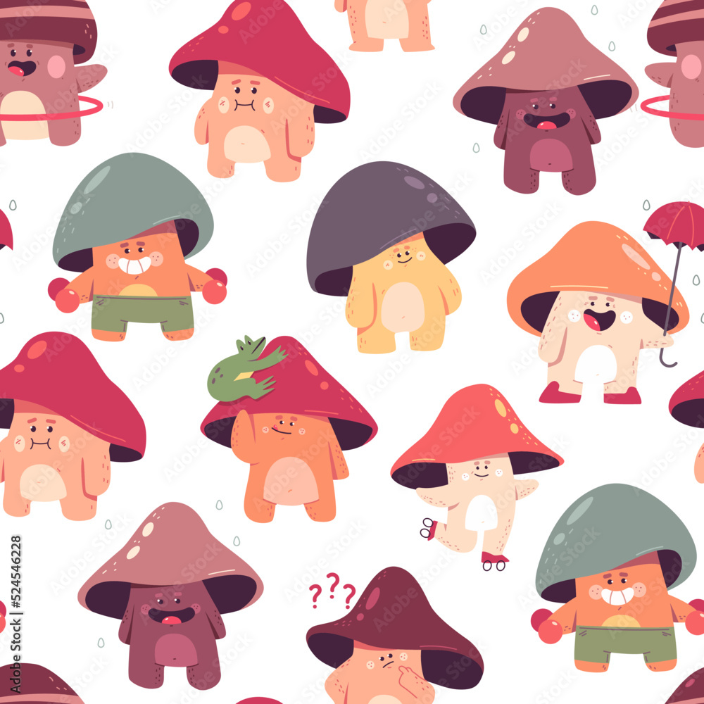 Mushrooms characters vector cartoon seamless pattern background. Stock ...