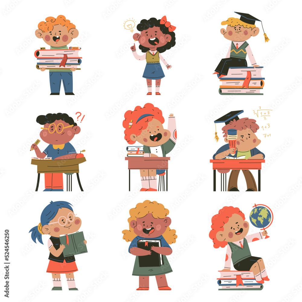 Schoolchild vector cartoon characters set isolated on a white ...