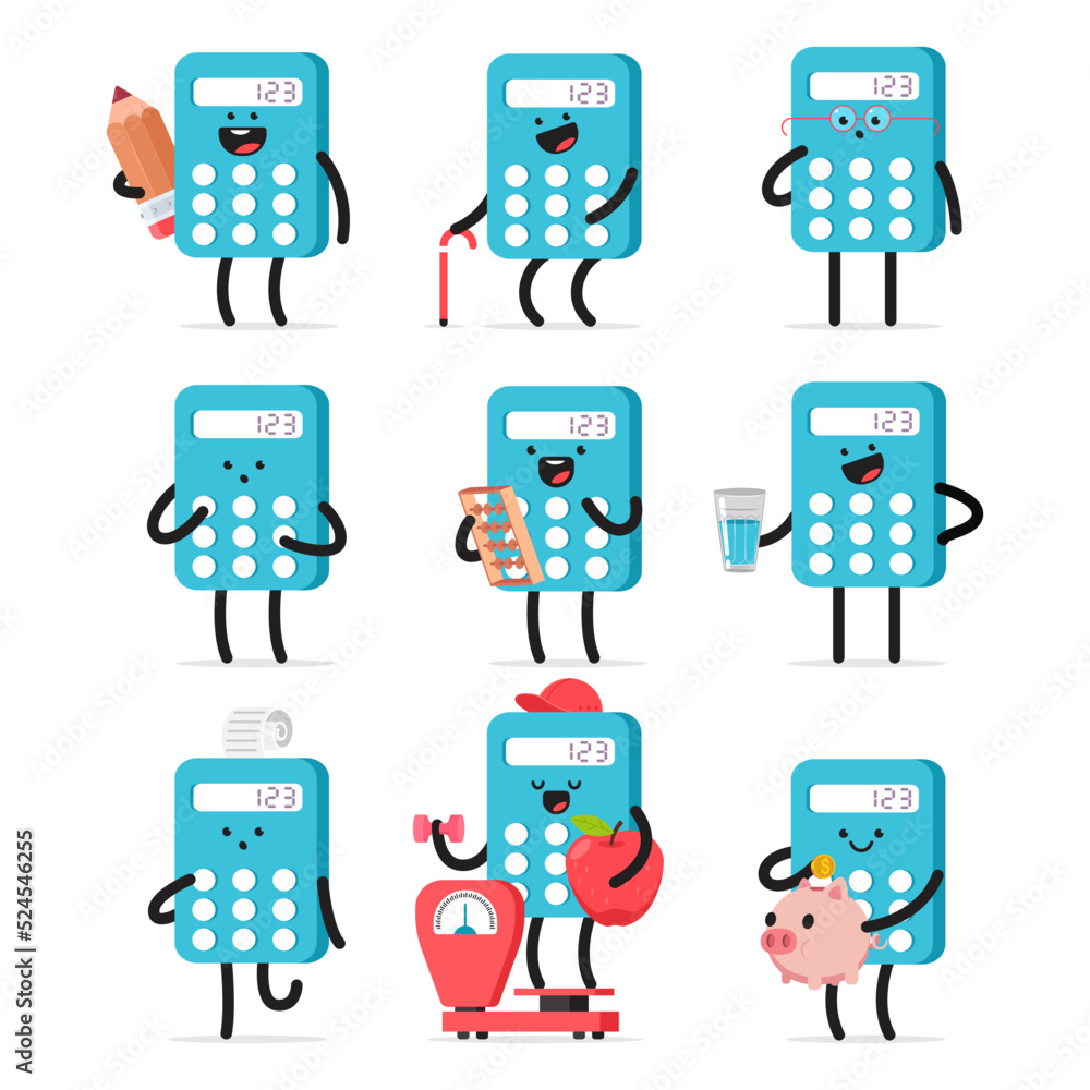 Cute calculator vector cartoon characters set isolated on a white ...