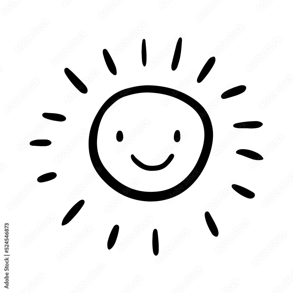 Cute cartoon hand drawn sun. Sweet vector black and white sun drawing ...