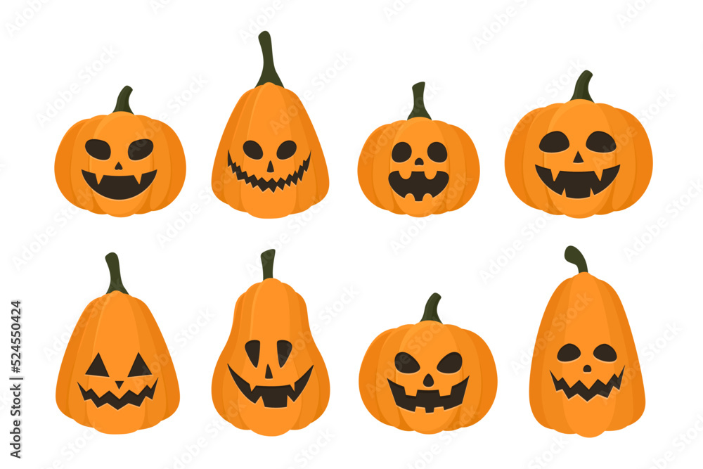 Halloween pumpkin set. Orange happy and scary pumpkin face. Vector ...
