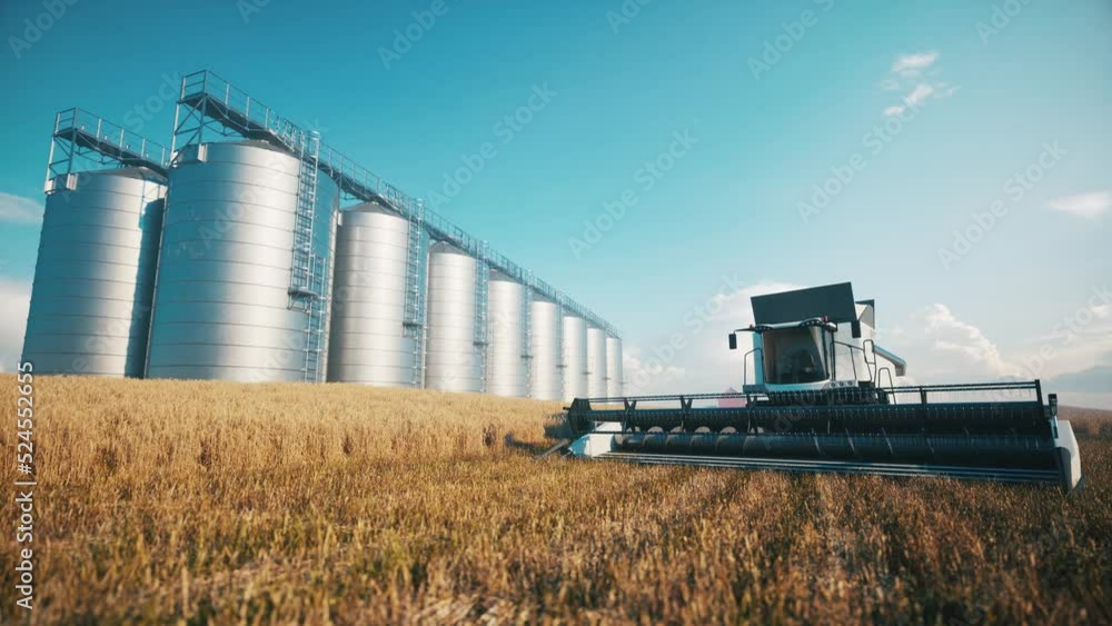 Grain silo tank storage. Combine harvester near the grain storage. 3d ...