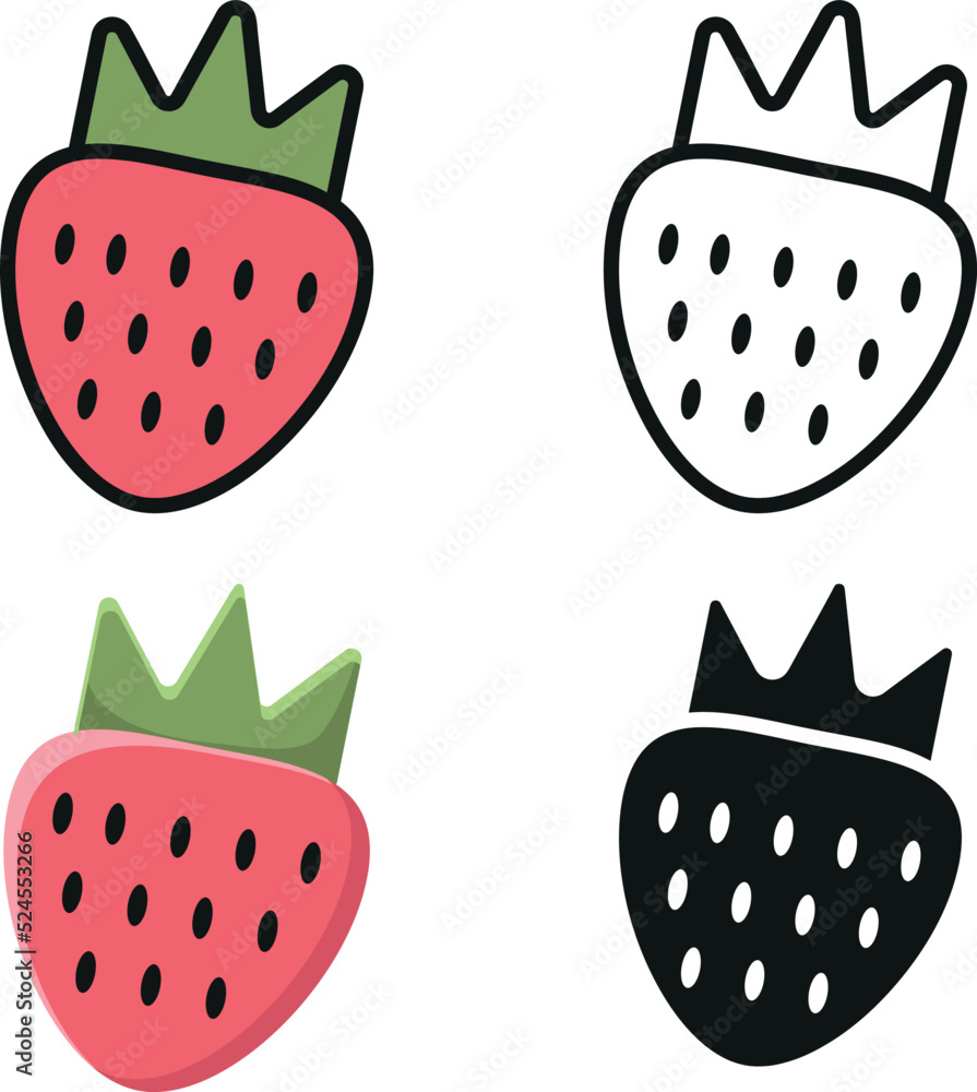 strawberry illustration in flat style, line art, silhouette and colored ...