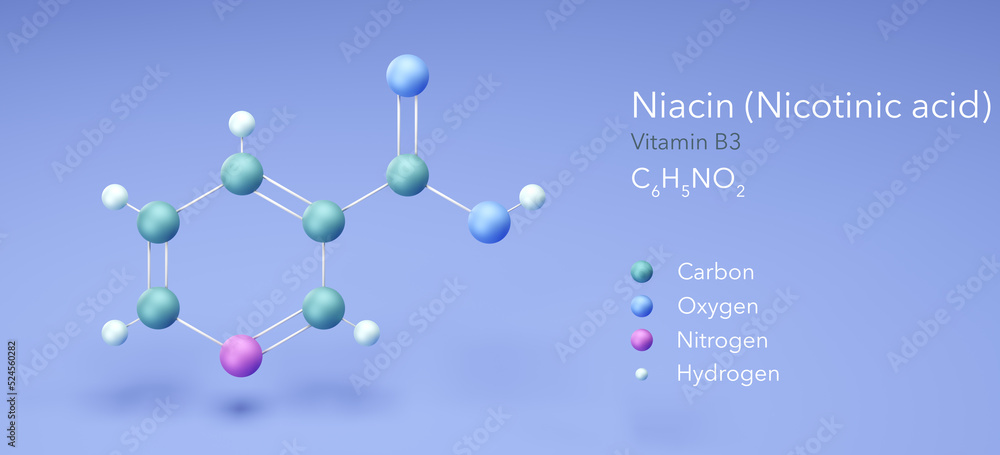 niacin, nicotinic acid, vitamin b3, molecular structures, 3d model ...